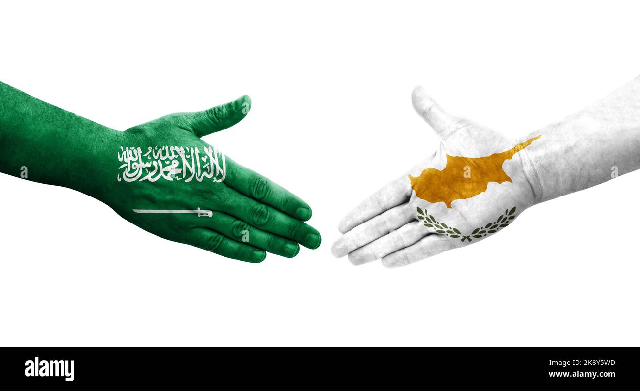 Handshake between Cyprus and Saudi Arabia flags painted on hands ...