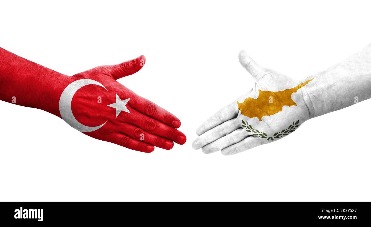 Handshake between Cyprus and Turkey flags painted on hands, isolated ...