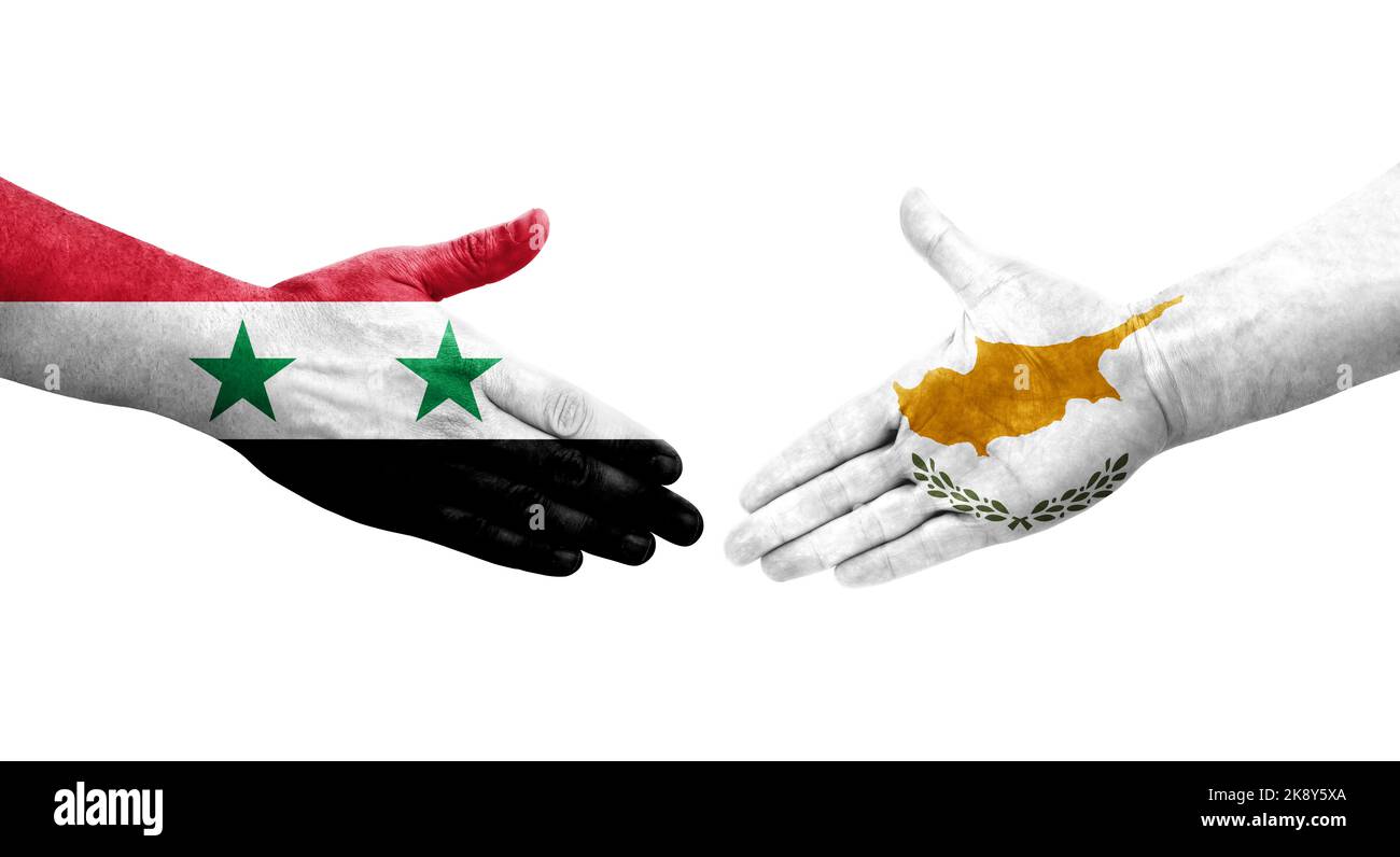 Handshake between Cyprus and Syria flags painted on hands, isolated ...