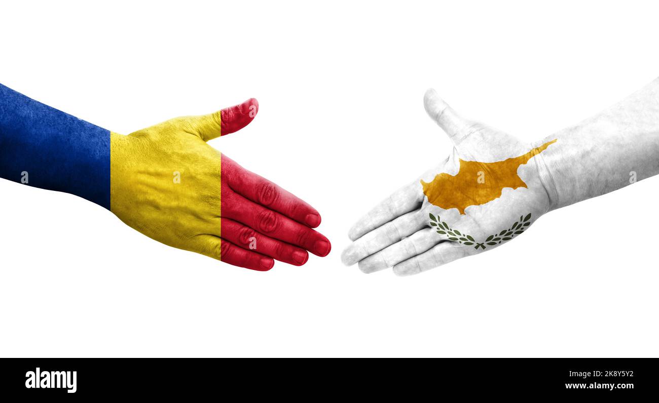 Handshake between Cyprus and Romania flags painted on hands, isolated ...