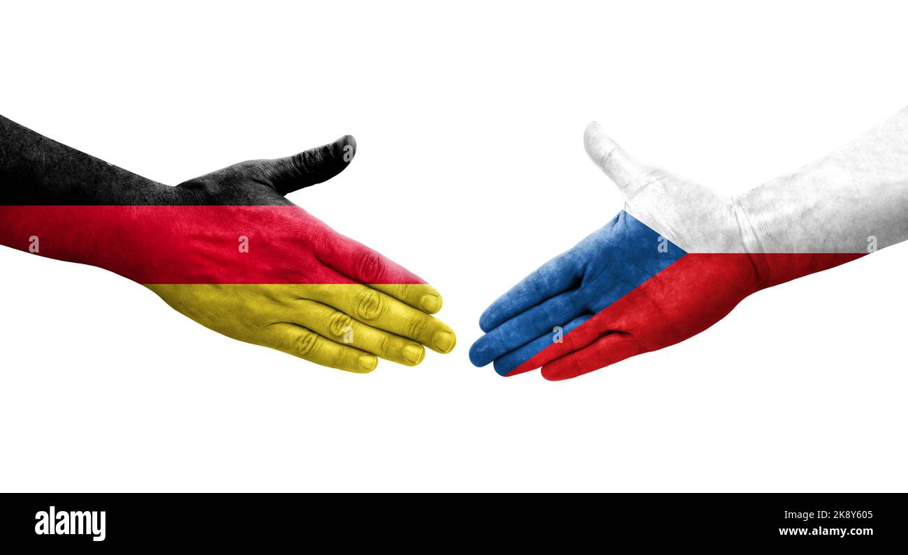 Handshake between Czechia and Germany flags painted on hands, isolated ...