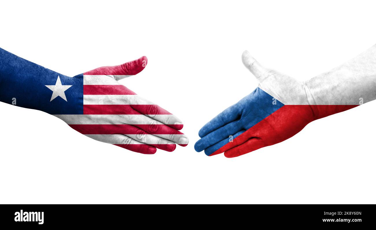 Handshake between Czechia and Liberia flags painted on hands, isolated ...