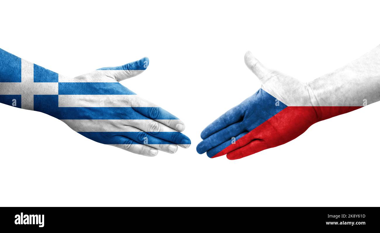 Handshake between Czechia and Greece flags painted on hands, isolated ...