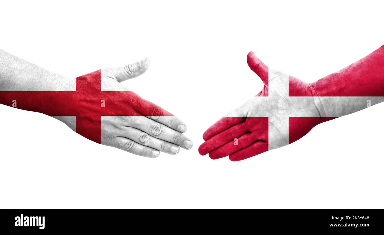 Handshake between Denmark and England flags painted on hands, isolated ...