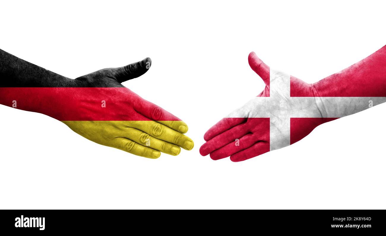 Handshake between Denmark and Germany flags painted on hands, isolated ...
