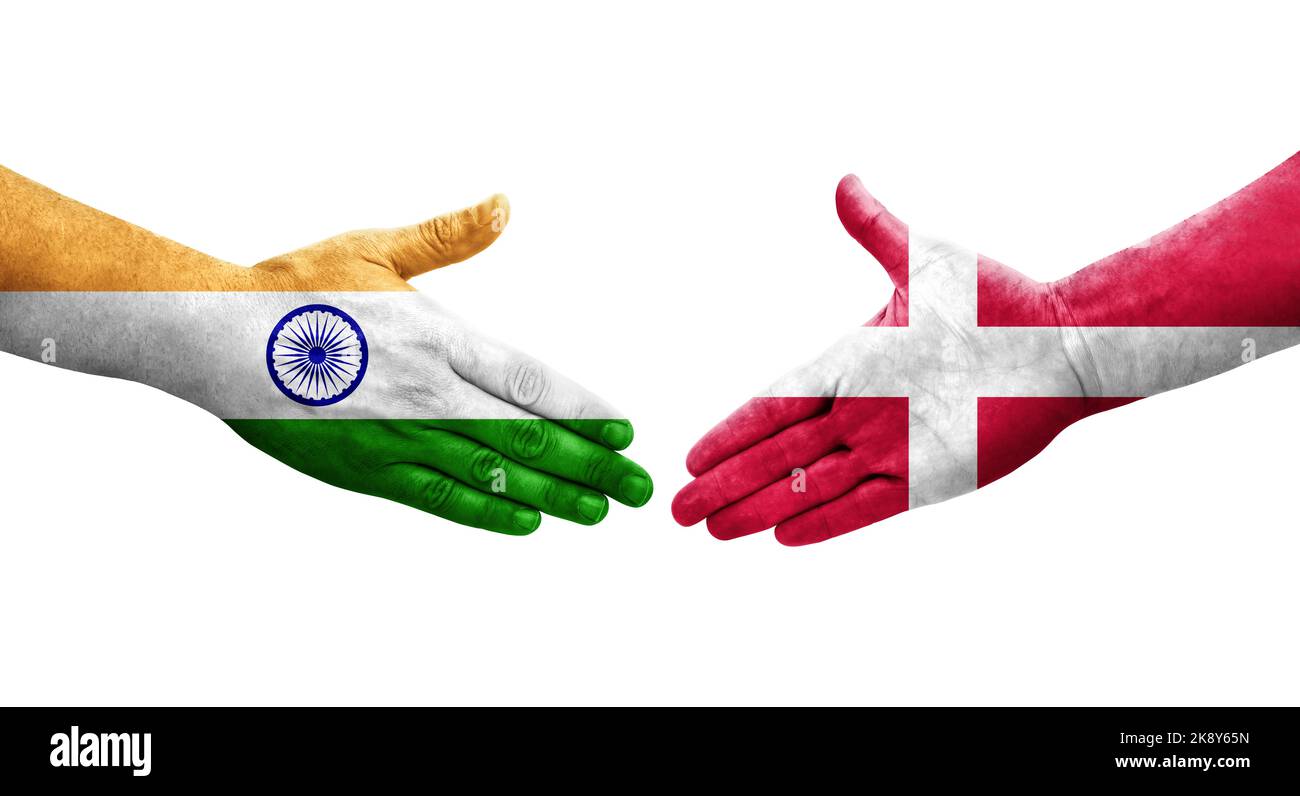 Handshake between Denmark and India flags painted on hands, isolated ...