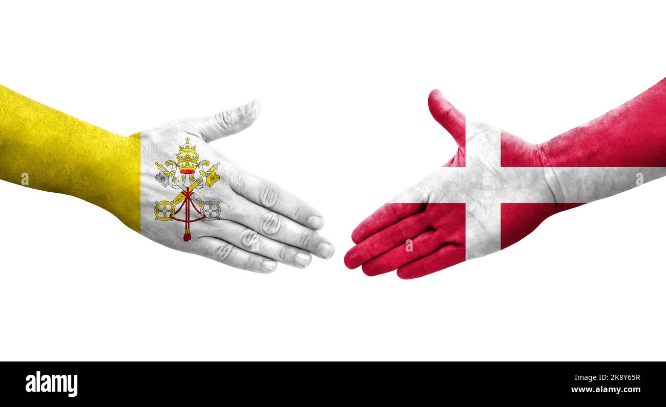 Handshake between Denmark and Holy See flags painted on hands, isolated ...