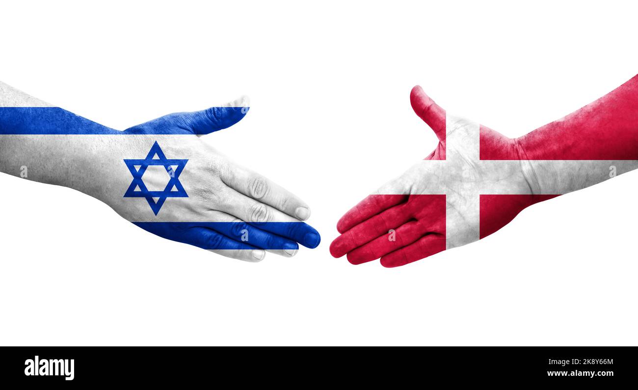 Handshake between Denmark and Israel flags painted on hands, isolated ...