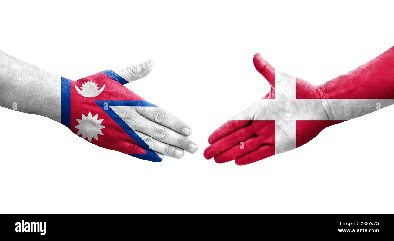 Handshake between Denmark and Nepal flags painted on hands, isolated ...