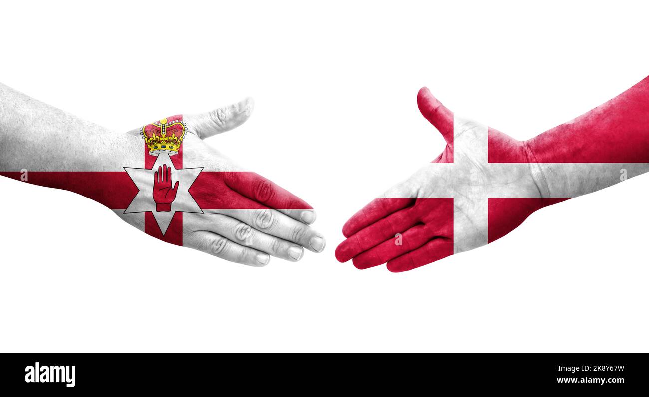 Handshake between Denmark and Northern Ireland flags painted on hands ...
