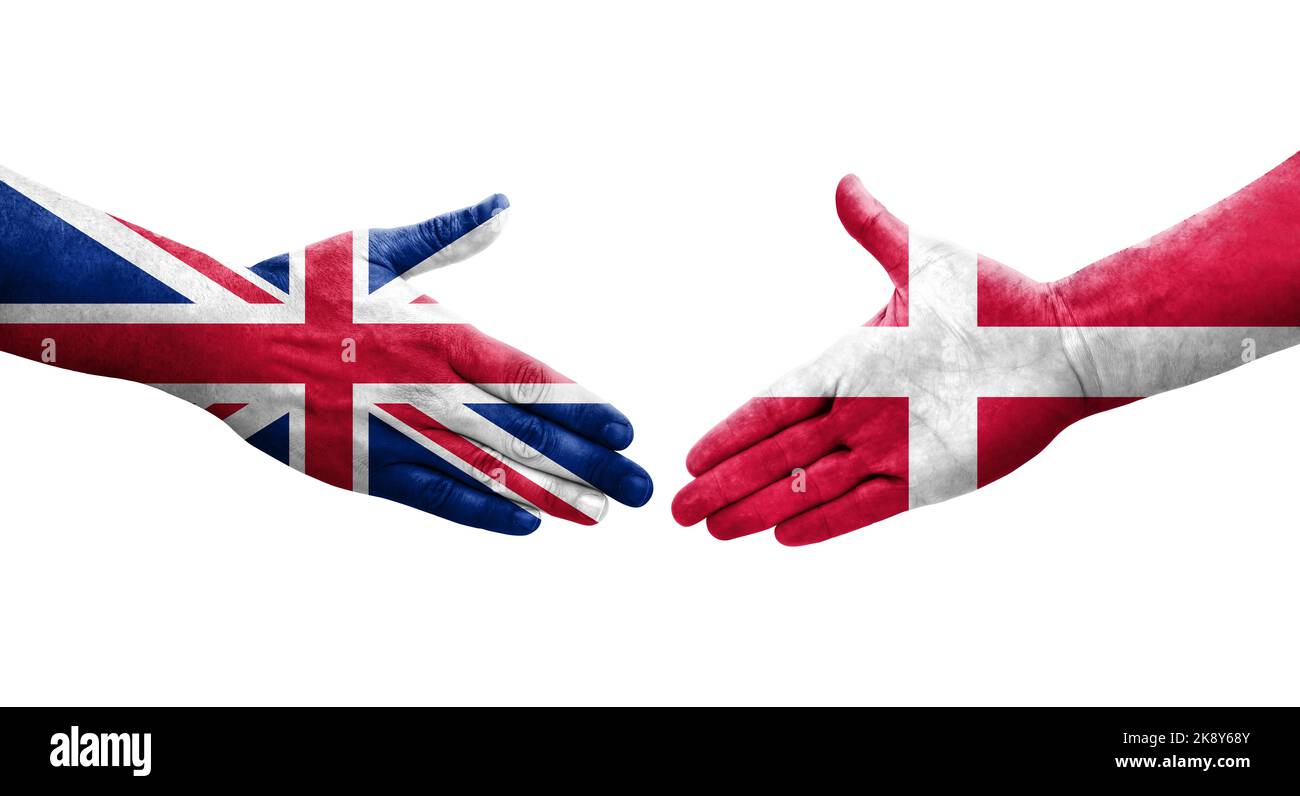 Handshake between Denmark and United Kingdom flags painted on hands ...