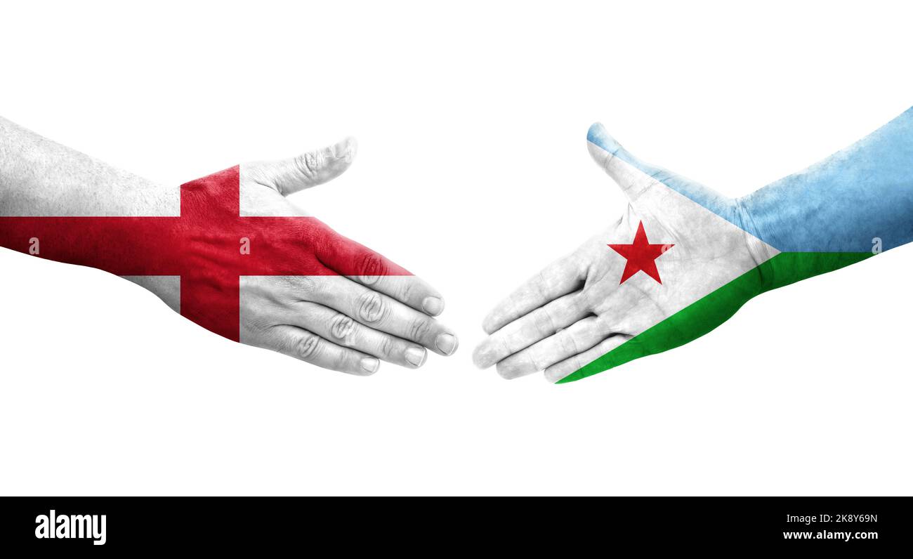 Handshake between Djibouti and England flags painted on hands, isolated ...
