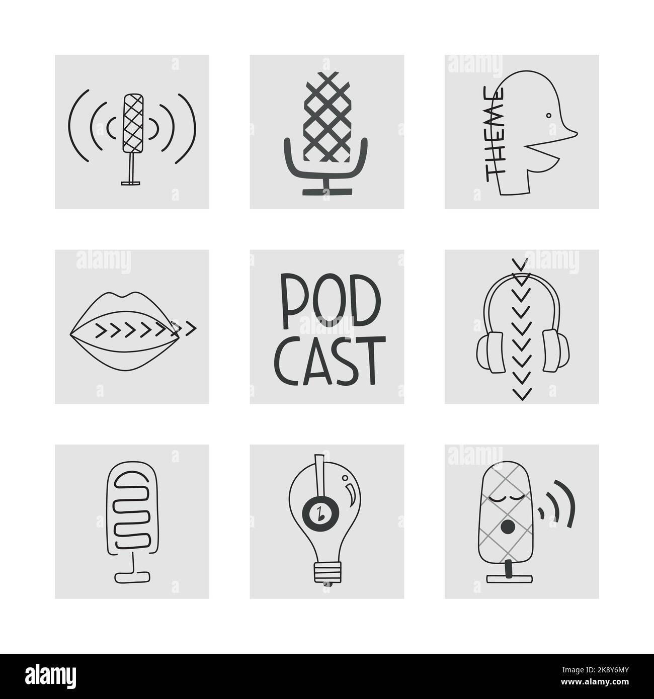 Hand drawn line vector set of illustrations for podcasts cover. Trendy ...