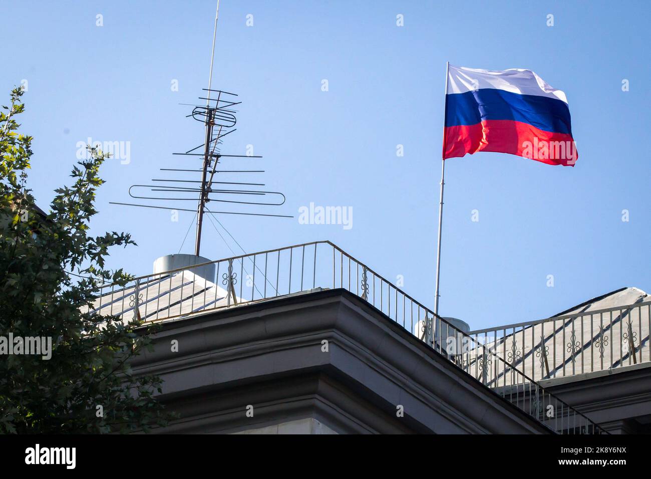 Flag of Russia seen on the building of the Embassy of the Russian ...