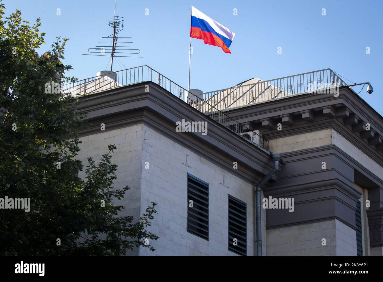 Flag of Russia seen on the building of the Embassy of the Russian ...