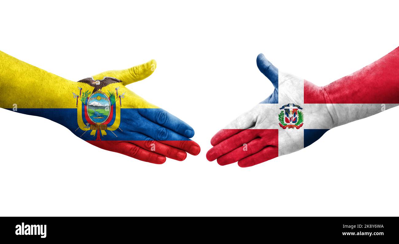 Handshake between Dominican Republic and Ecuador flags painted on hands ...
