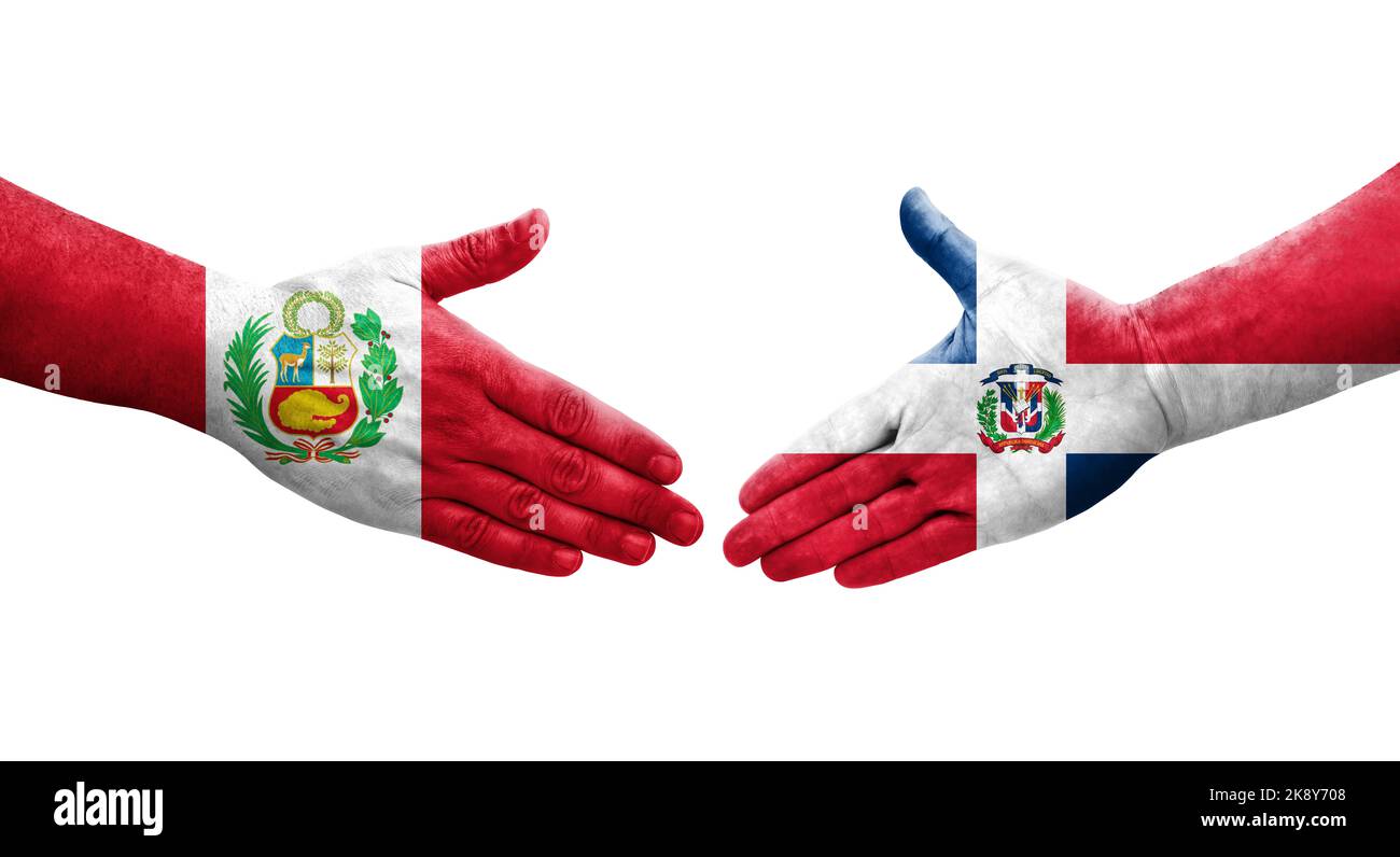 Handshake between Dominican Republic and Peru flags painted on hands ...