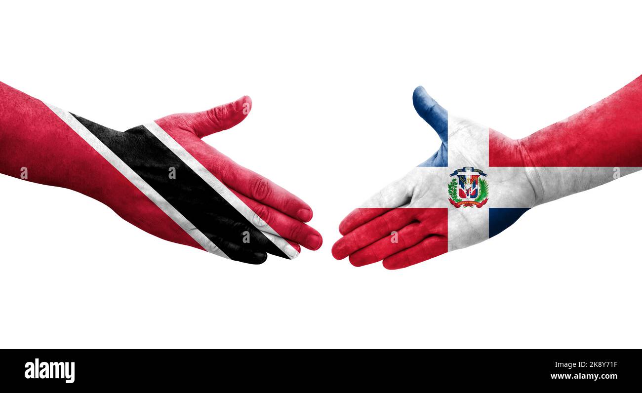 Handshake between Dominican Republic and Trinidad Tobago flags painted on hands, isolated ...