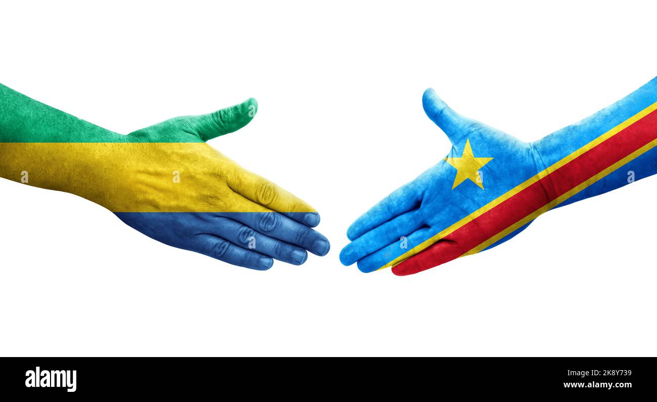 Handshake between Dr Congo and Gabon flags painted on hands, isolated ...