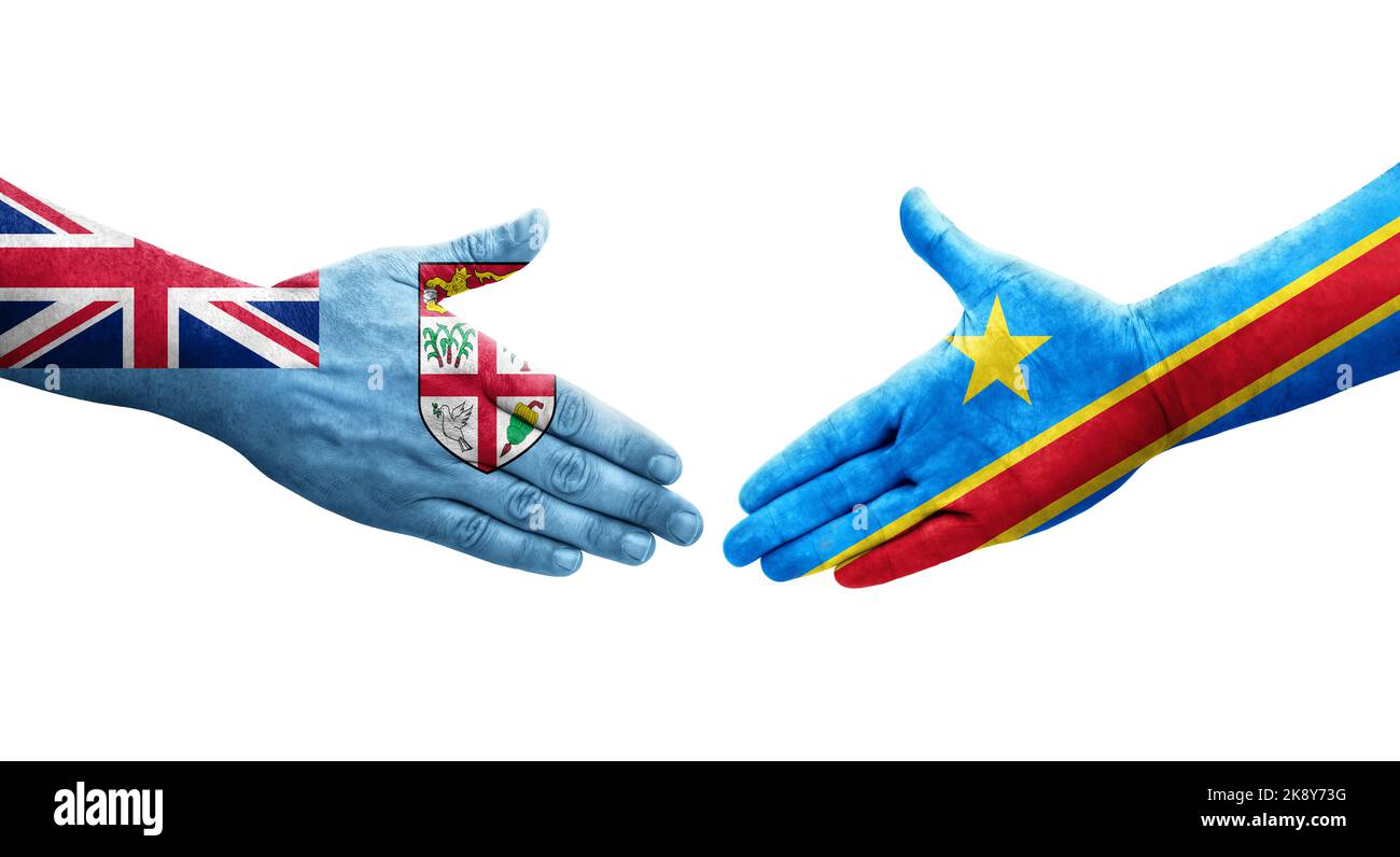 Handshake between Dr Congo and Fiji flags painted on hands, isolated ...
