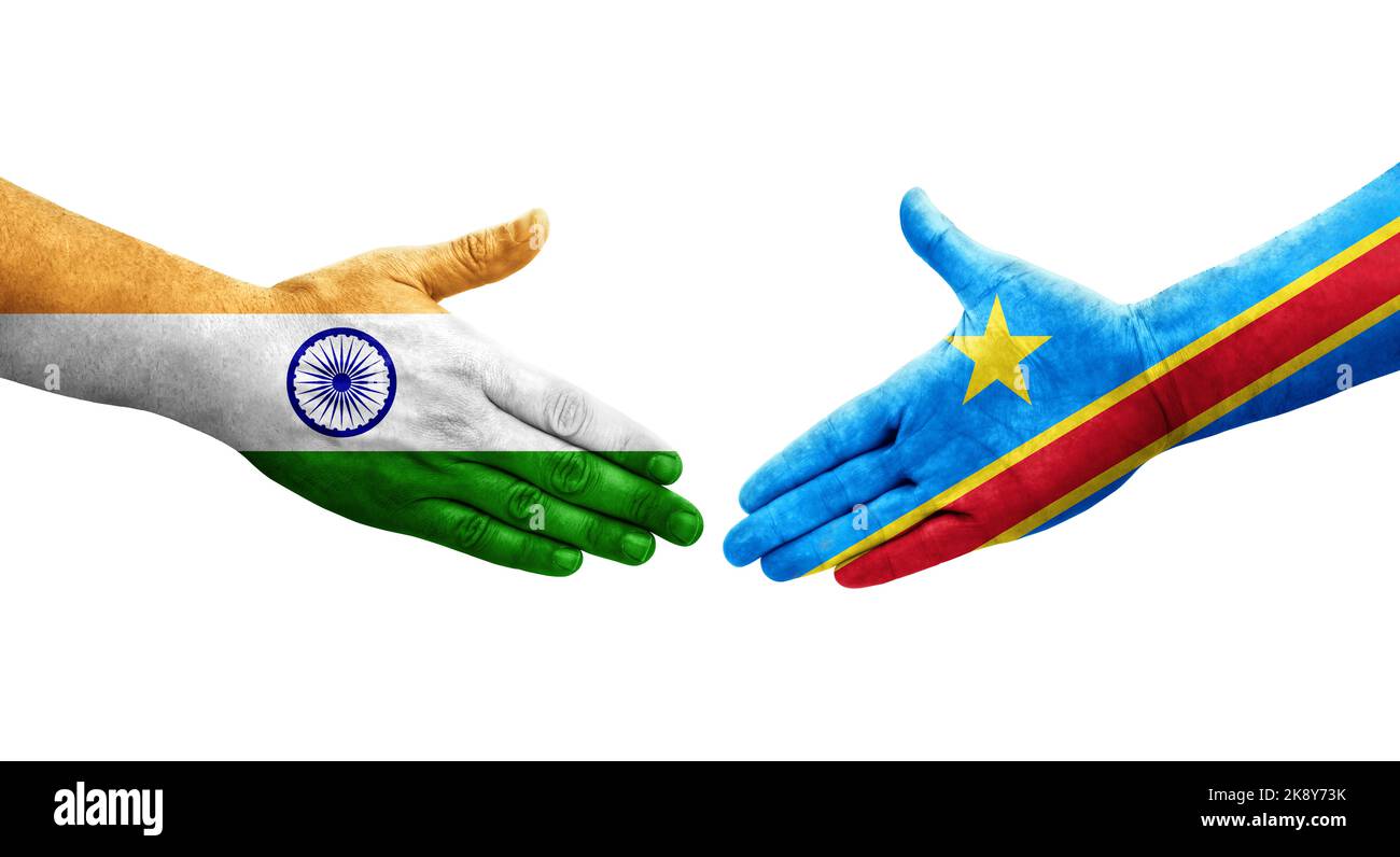 Handshake between Dr Congo and India flags painted on hands, isolated ...