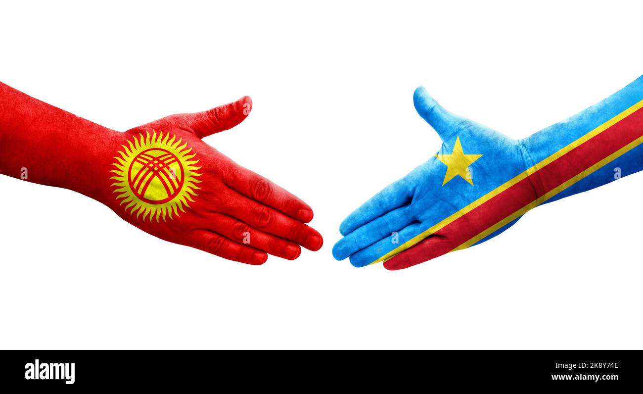 Handshake between Dr Congo and Kyrgyzstan flags painted on hands ...