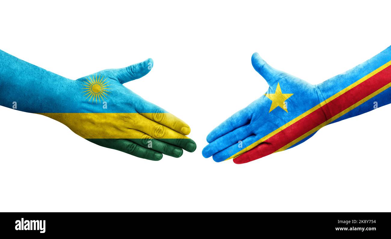 Handshake between Dr Congo and Rwanda flags painted on hands, isolated ...