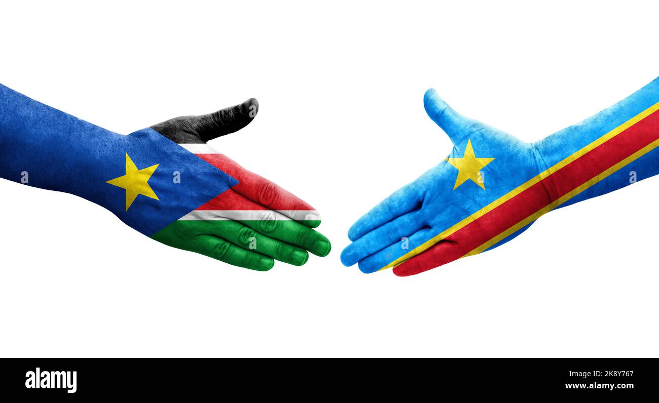 Handshake between Dr Congo and South Sudan flags painted on hands ...