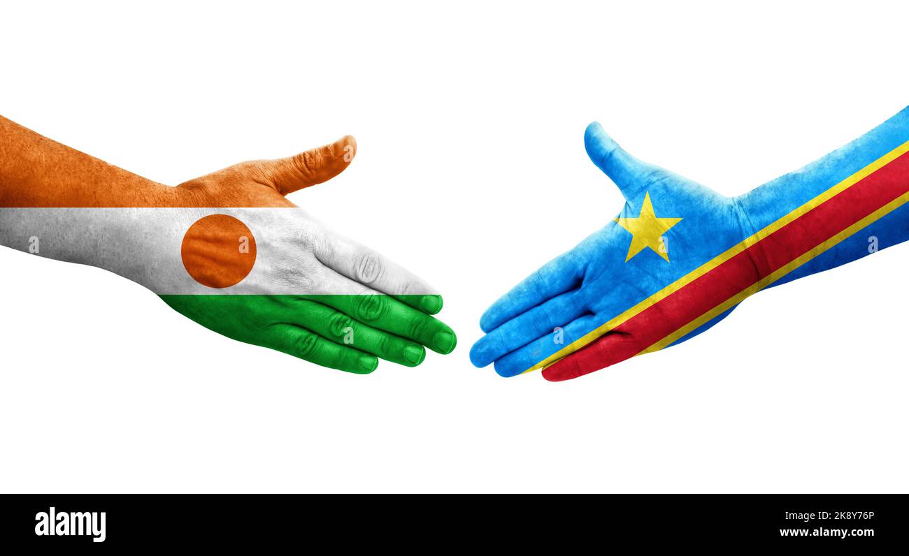 Handshake between Dr Congo and Niger flags painted on hands, isolated ...
