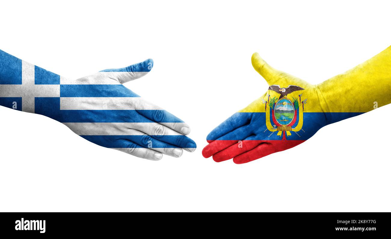 Handshake between Ecuador and Greece flags painted on hands, isolated ...