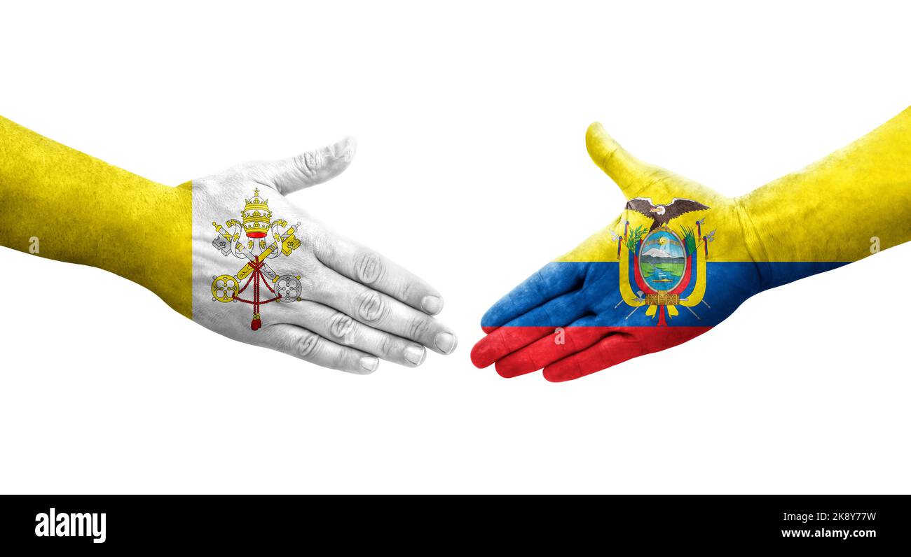 Handshake between Ecuador and Holy See flags painted on hands, isolated ...