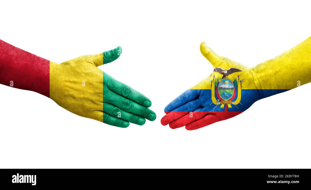 Handshake between Ecuador and Guinea flags painted on hands, isolated ...
