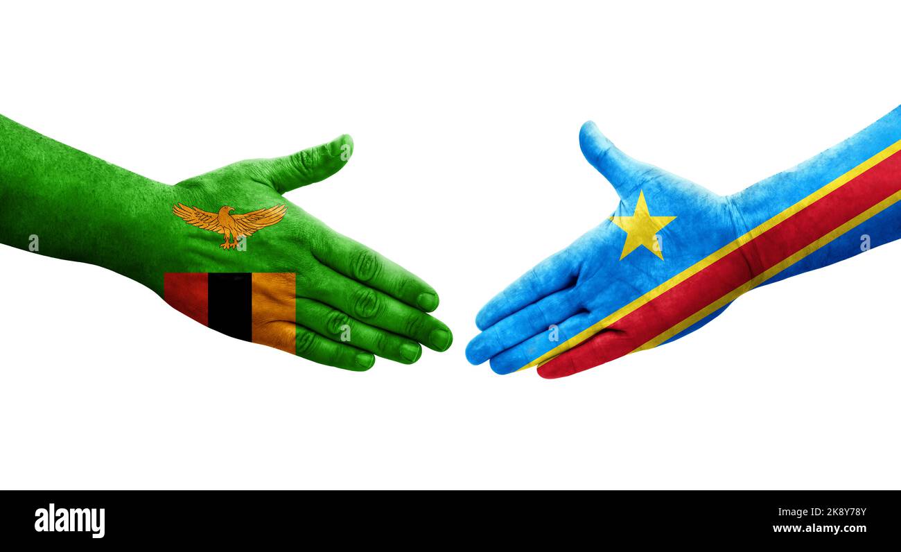 Handshake between Dr Congo and Zambia flags painted on hands, isolated ...