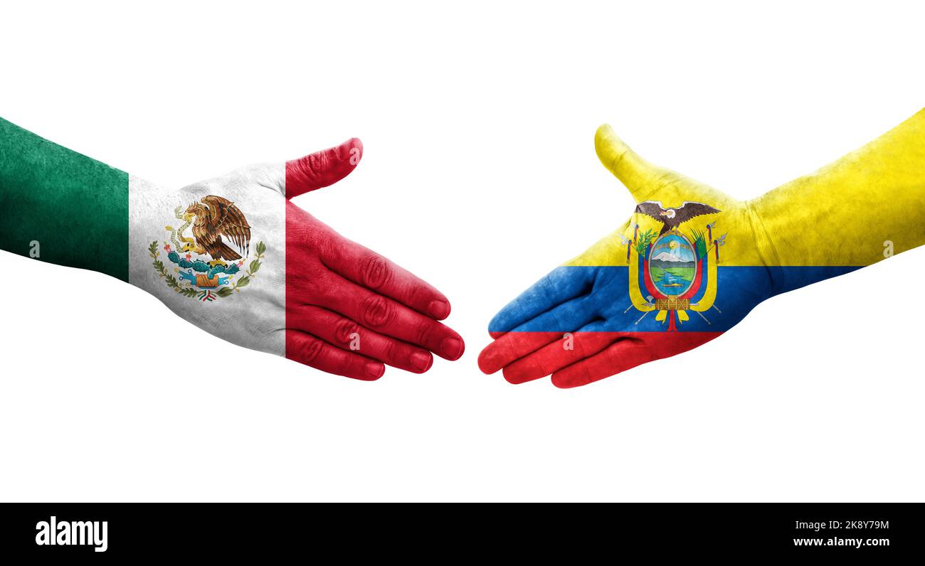 Handshake between Ecuador and Mexico flags painted on hands, isolated ...