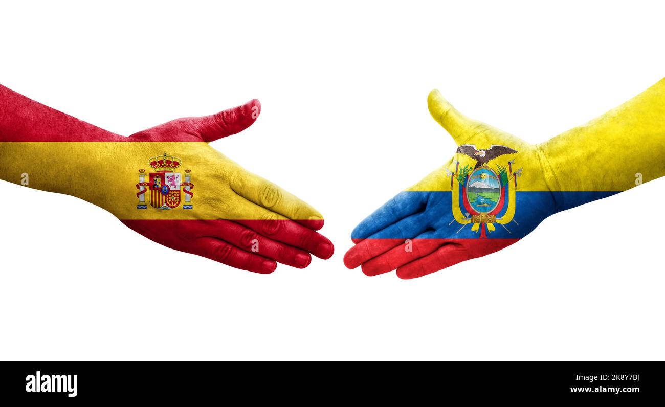 Handshake between Ecuador and Spain flags painted on hands, isolated ...