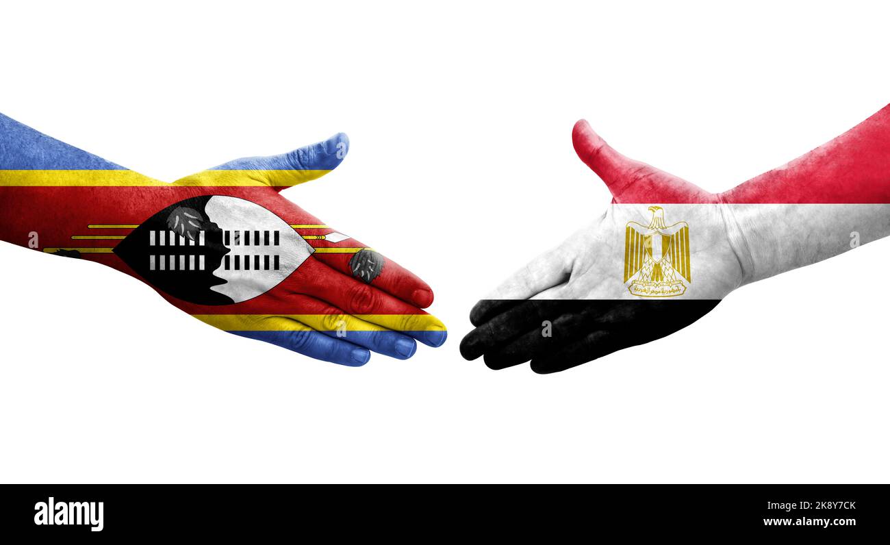 Handshake between Egypt and Eswatini flags painted on hands, isolated ...