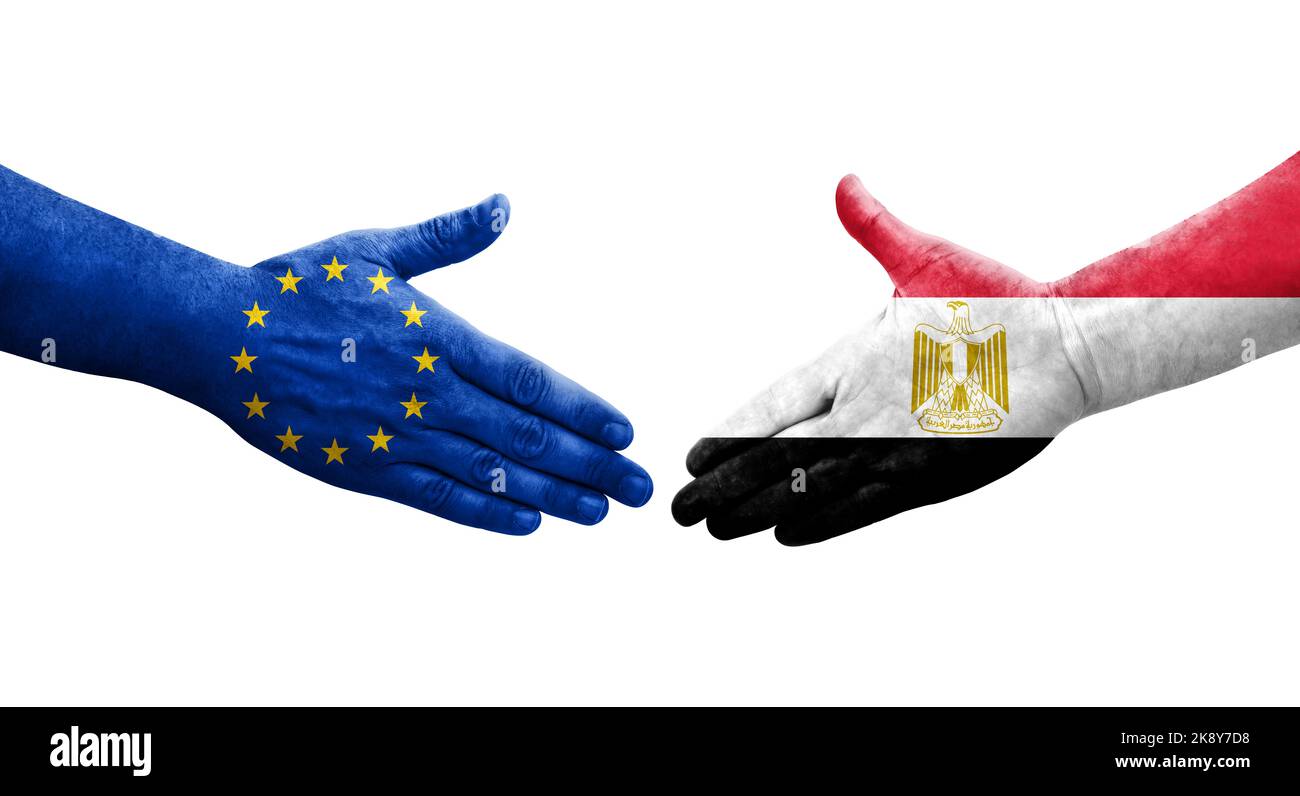 Handshake between Egypt and European Union flags painted on hands ...