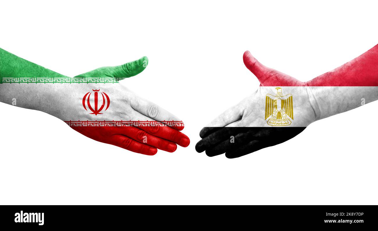 Handshake between Egypt and Iran flags painted on hands, isolated ...
