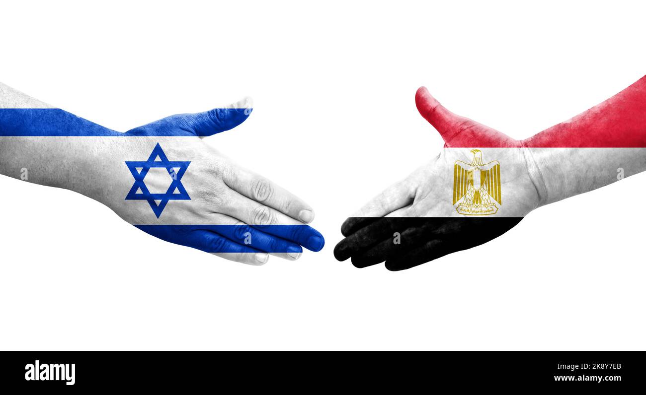 Handshake between Egypt and Israel flags painted on hands, isolated ...