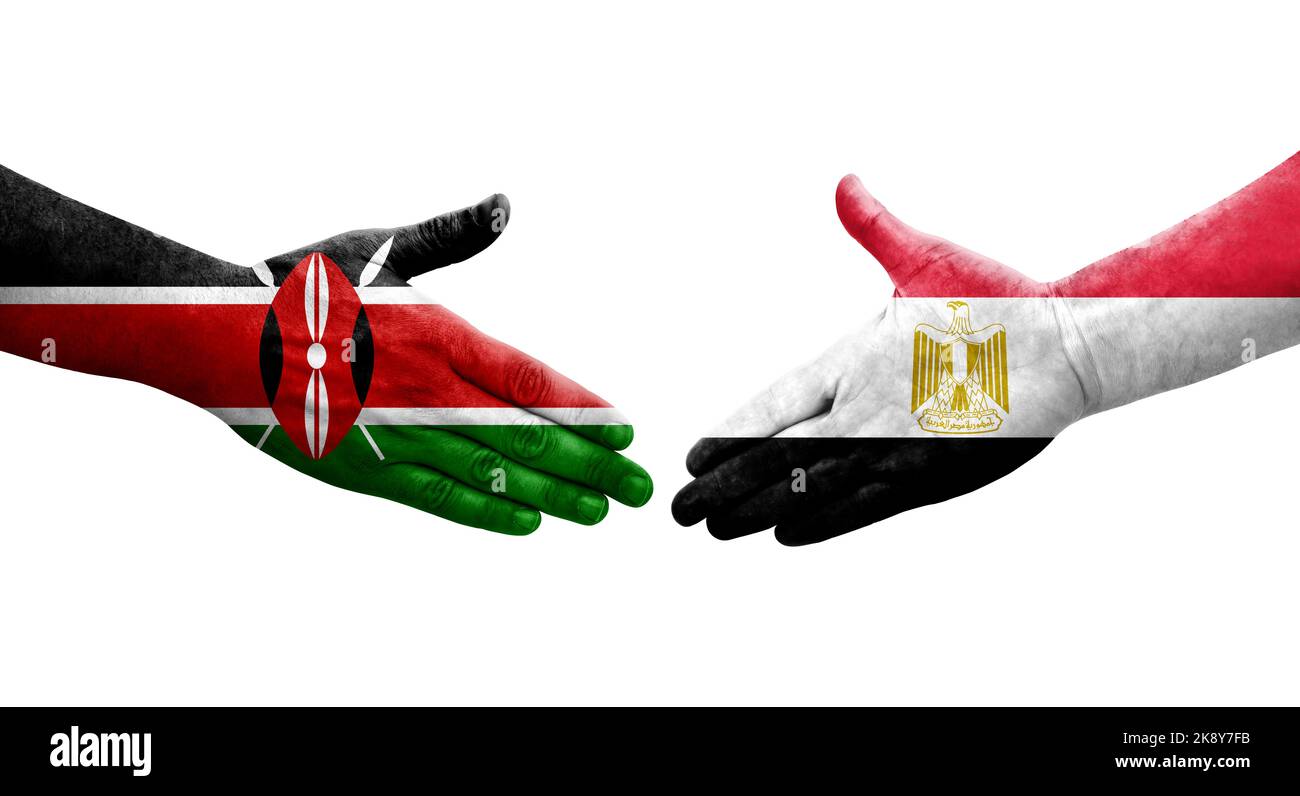 Handshake between Egypt and Kenya flags painted on hands, isolated ...