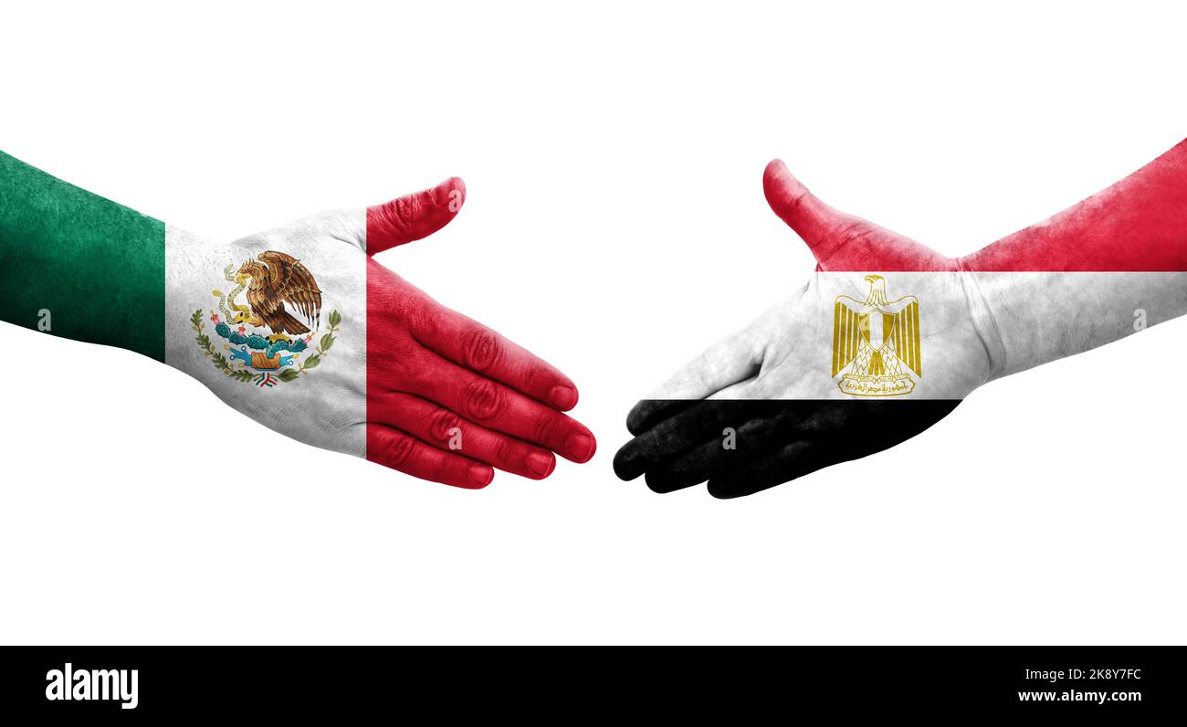 Handshake between Egypt and Mexico flags painted on hands, isolated ...