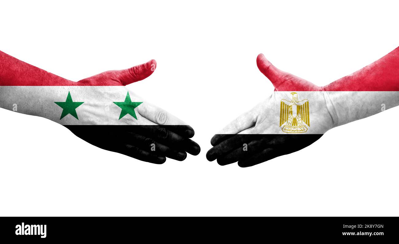 Handshake between Egypt and Syria flags painted on hands, isolated ...