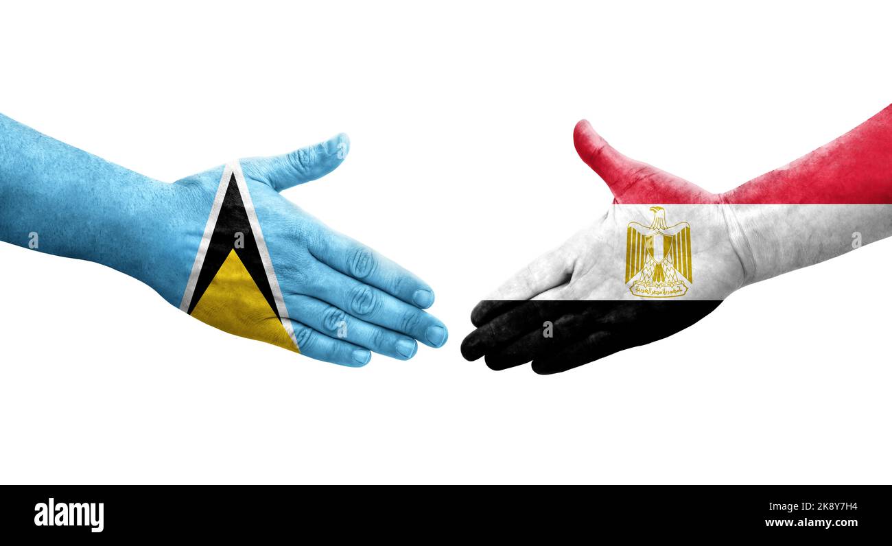 Handshake between Egypt and Saint Lucia flags painted on hands ...
