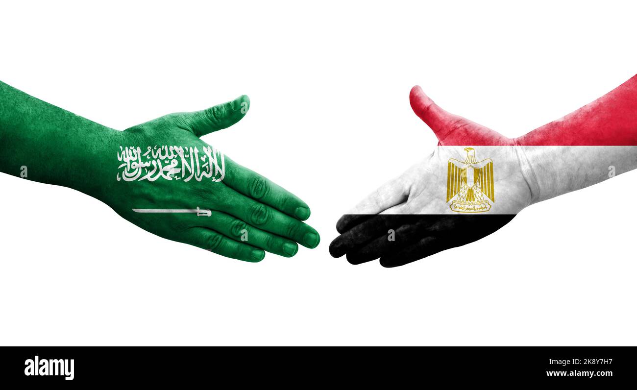 Handshake between Egypt and Saudi Arabia flags painted on hands ...