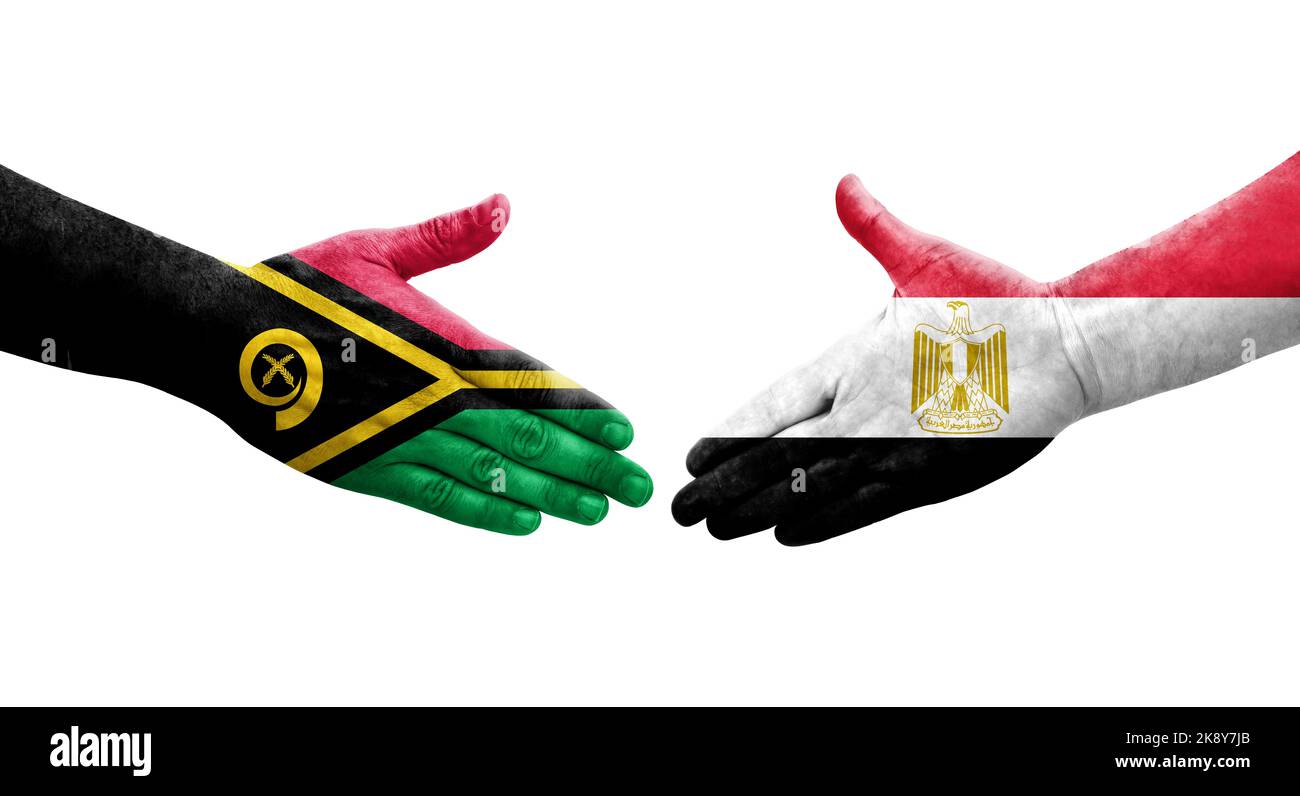 Handshake between Egypt and Vanuatu flags painted on hands, isolated ...