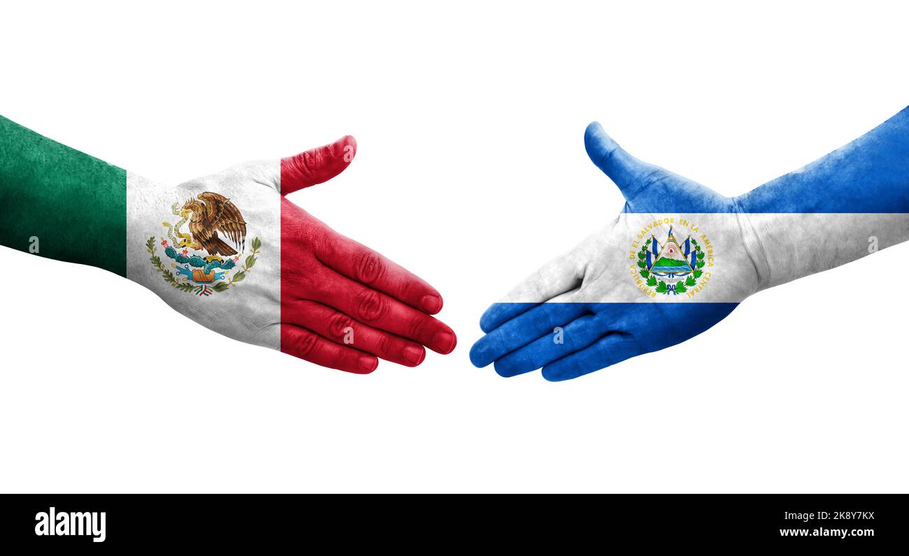 Handshake between El Salvador and Mexico flags painted on hands ...