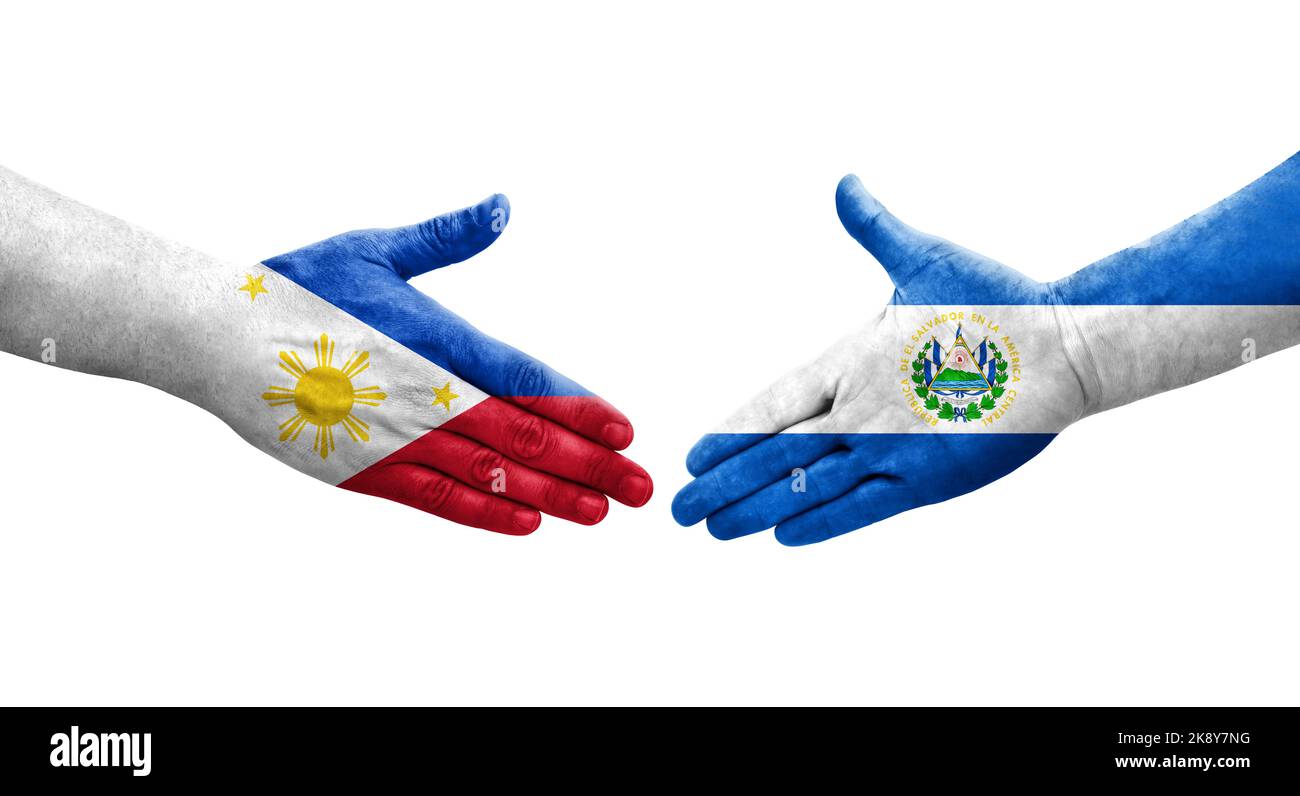 Handshake between El Salvador and Philippines flags painted on hands ...