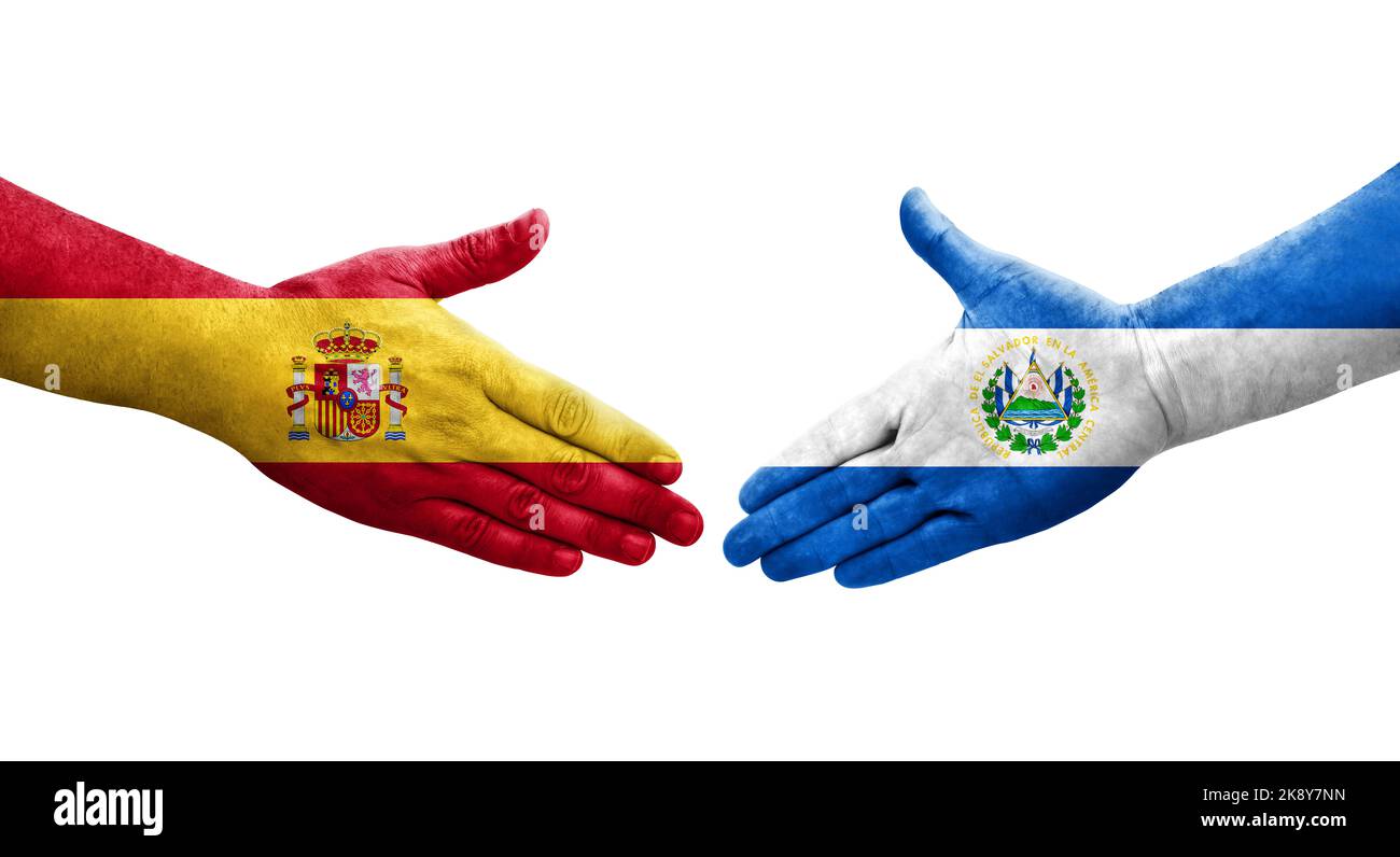 Handshake between El Salvador and Spain flags painted on hands ...