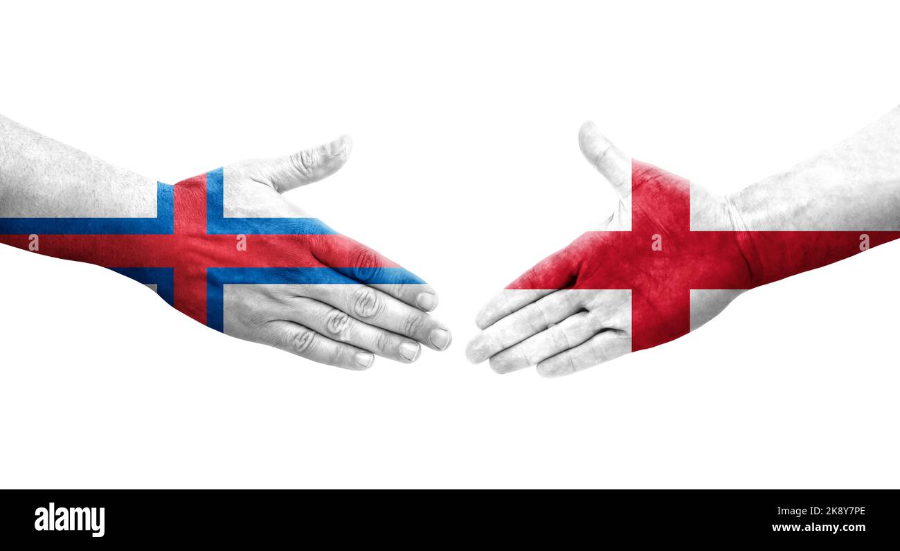 Handshake between England and Faroe Islands flags painted on hands ...
