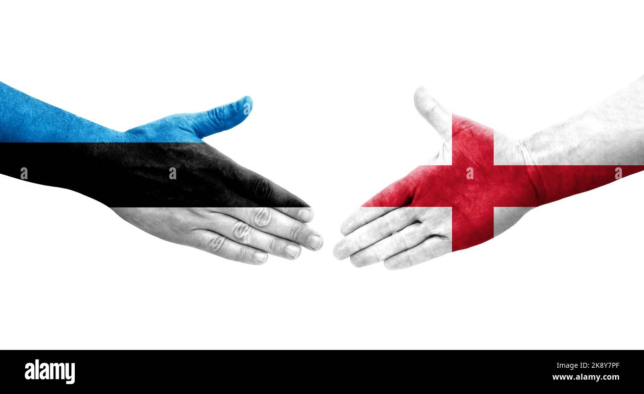 Handshake between England and Estonia flags painted on hands, isolated ...